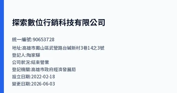 探索數位行銷科技有限公司的照片-統編 90653728(高雄市) 公司登記資料與營業項目詳細圖表