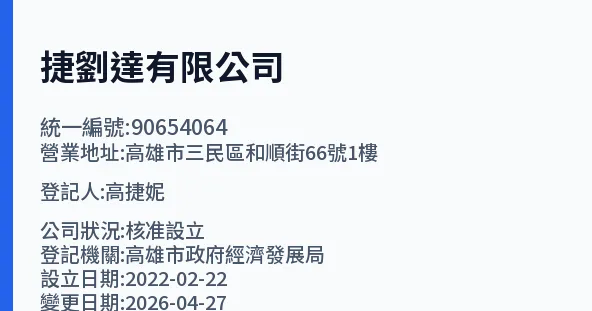 捷劉達有限公司的照片-統編 90654064(高雄市) 公司登記資料與營業項目詳細圖表