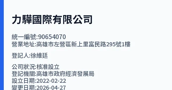 力驊國際有限公司的照片-統編 90654070(高雄市) 公司登記資料與營業項目詳細圖表