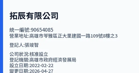 拓辰有限公司的照片-統編 90654085(高雄市) 公司登記資料與營業項目詳細圖表