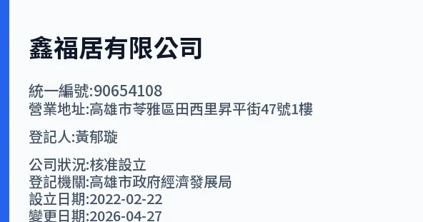 鑫福居有限公司的照片-統編 90654108(高雄市) 公司登記資料與營業項目詳細圖表