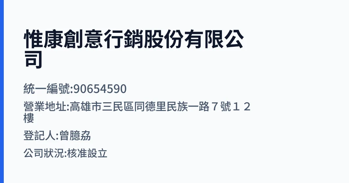 惟康創意行銷股份有限公司 - 統編 90654590(高雄市) 公司登記資料與營業項目詳細圖表