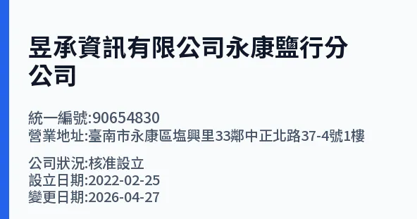 昱承資訊有限公司永康鹽行分公司的照片-統編 90654830(臺南市) 公司登記資料與營業項目詳細圖表