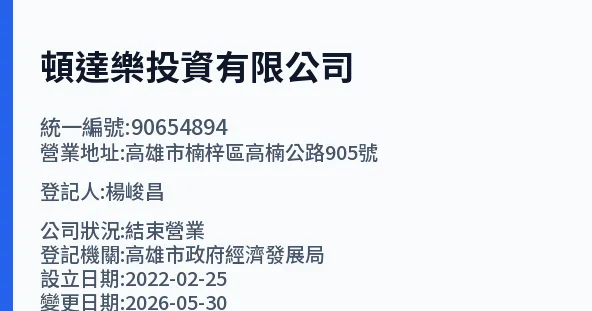 頓達樂投資有限公司的照片-統編 90654894(高雄市) 公司登記資料與營業項目詳細圖表