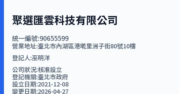 聚選匯雲科技有限公司的照片-統編 90655599(臺北市) 公司登記資料與營業項目詳細圖表