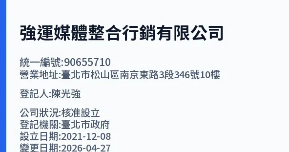 強運媒體整合行銷有限公司的照片-統編 90655710(臺北市) 公司登記資料與營業項目詳細圖表