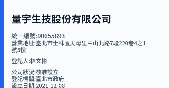 量宇生技股份有限公司的照片-統編 90655893(臺北市) 公司登記資料與營業項目詳細圖表