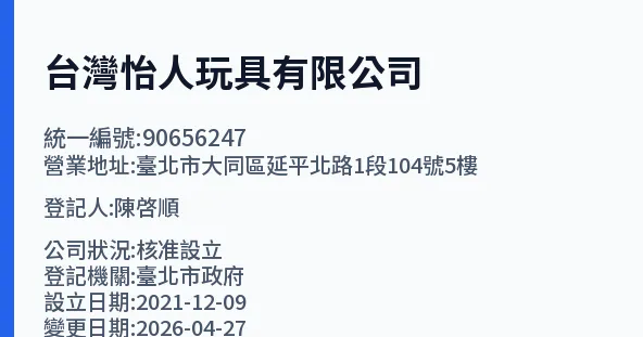 台灣怡人玩具有限公司的照片-統編 90656247(臺北市) 公司登記資料與營業項目詳細圖表