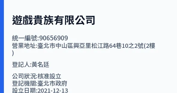 遊戲貴族有限公司的照片-統編 90656909(臺北市) 公司登記資料與營業項目詳細圖表