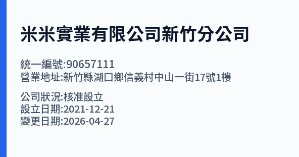 米米實業有限公司新竹分公司的照片-統編 90657111(新竹縣) 公司登記資料與營業項目詳細圖表