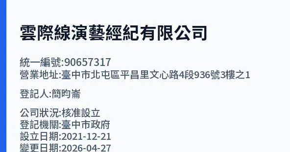 雲際線演藝經紀有限公司的照片-統編 90657317(臺中市) 公司登記資料與營業項目詳細圖表