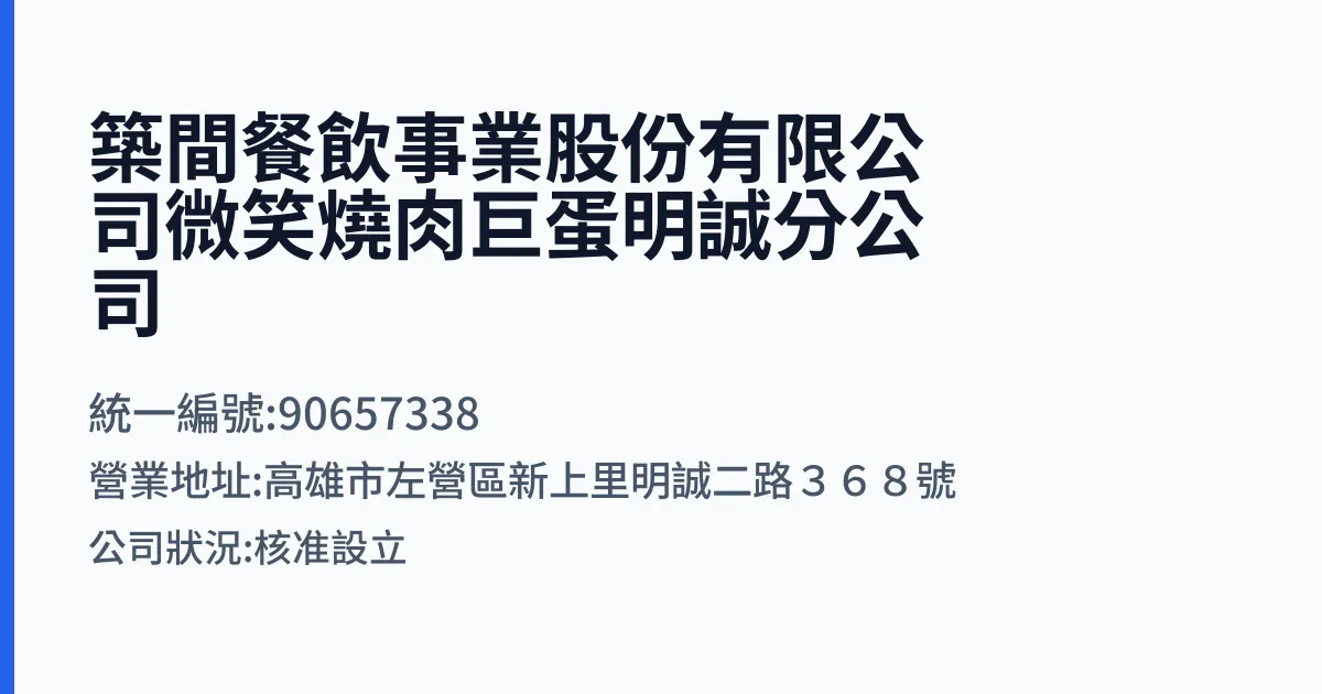 築間餐飲事業股份有限公司微笑燒肉巨蛋明誠分公司 - 統編 90657338(高雄市) 公司登記資料與營業項目詳細圖表