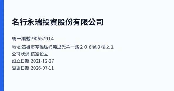名行永瑞投資股份有限公司的照片-統編 90657914 公司登記資料與營業項目詳細圖表