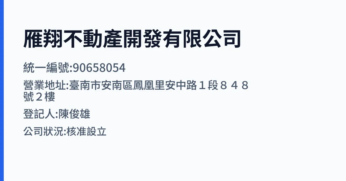 雁翔不動產開發有限公司 - 統編 90658054(臺南市) 公司登記資料與營業項目詳細圖表