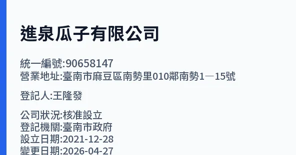 進泉瓜子有限公司的照片-統編 90658147(臺南市) 公司登記資料與營業項目詳細圖表