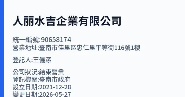 人丽水吉企業有限公司的照片-統編 90658174(臺南市) 公司登記資料與營業項目詳細圖表