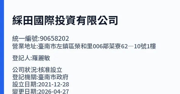 綵田國際投資有限公司的照片-統編 90658202(臺南市) 公司登記資料與營業項目詳細圖表