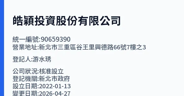 皓穎投資股份有限公司的照片-統編 90659390(新北市) 公司登記資料與營業項目詳細圖表