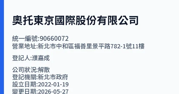 奧托東京國際股份有限公司的照片-統編 90660072(新北市) 公司登記資料與營業項目詳細圖表