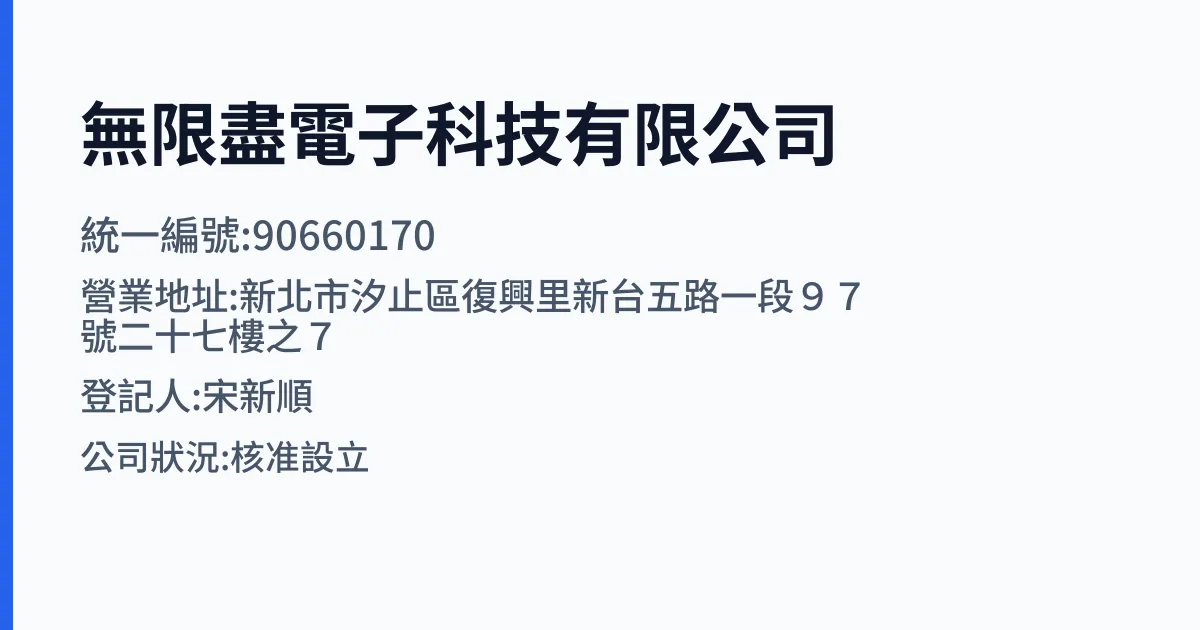 無限盡電子科技有限公司 - 統編 90660170(新北市) 公司登記資料與營業項目詳細圖表