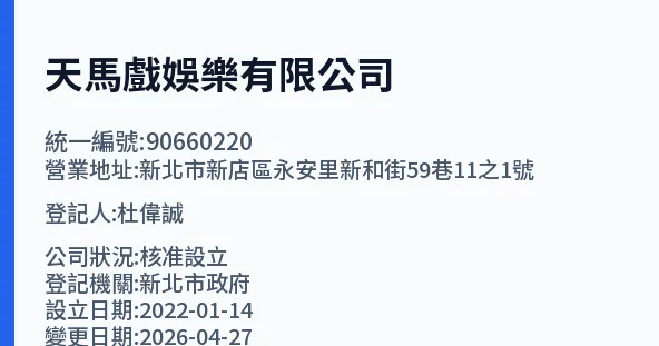 天馬戲娛樂有限公司的照片-統編 90660220(新北市) 公司登記資料與營業項目詳細圖表