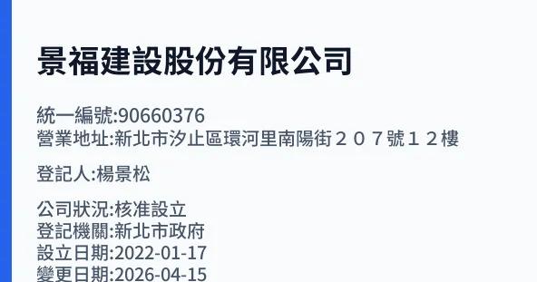 景福建設股份有限公司的照片-統編 90660376(新北市) 公司登記資料與營業項目詳細圖表