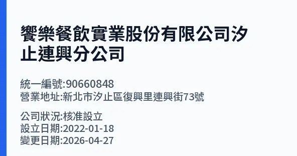饗樂餐飲實業股份有限公司汐止連興分公司的照片-統編 90660848(新北市) 公司登記資料與營業項目詳細圖表