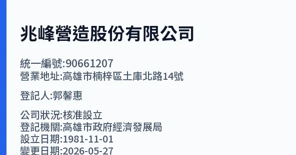 兆峰營造股份有限公司的照片-統編 90661207(高雄市) 公司登記資料與營業項目詳細圖表