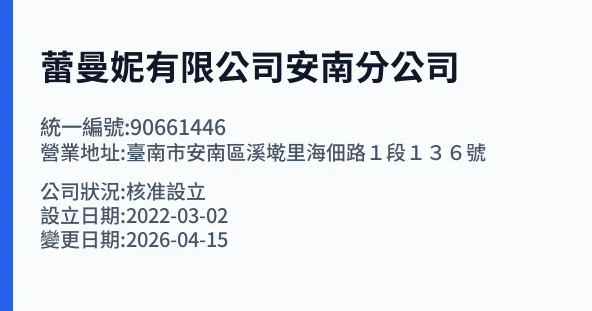蕾曼妮有限公司安南分公司的照片-統編 90661446(臺南市) 公司登記資料與營業項目詳細圖表