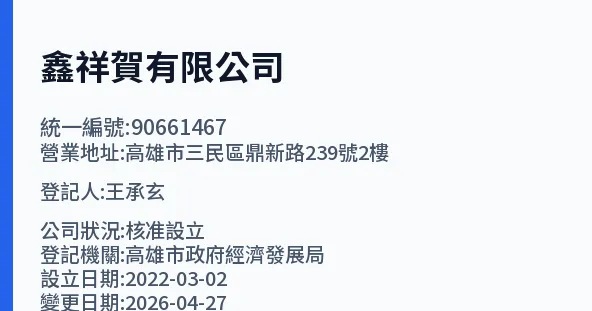 鑫祥賀有限公司的照片-統編 90661467(高雄市) 公司登記資料與營業項目詳細圖表