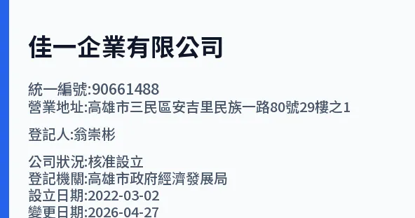 佳一企業有限公司的照片-統編 90661488(高雄市) 公司登記資料與營業項目詳細圖表