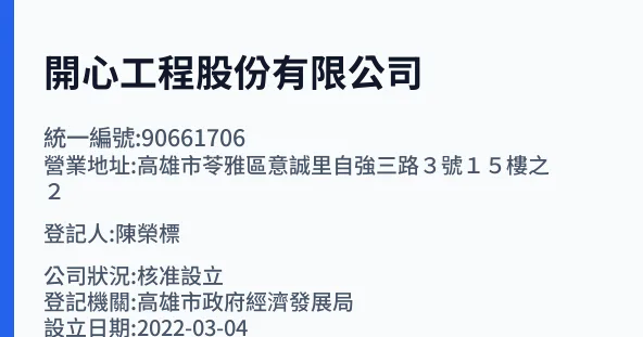 開心工程股份有限公司的照片-統編 90661706(高雄市) 公司登記資料與營業項目詳細圖表