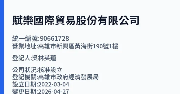 賦樂國際貿易股份有限公司的照片-統編 90661728(高雄市) 公司登記資料與營業項目詳細圖表