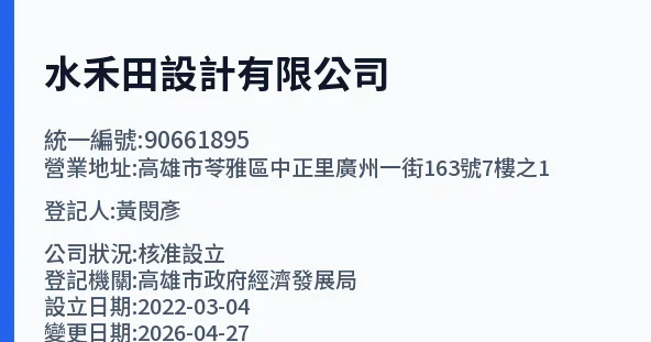 水禾田設計有限公司的照片-統編 90661895(高雄市) 公司登記資料與營業項目詳細圖表