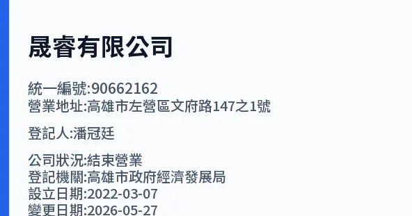 晟睿有限公司的照片-統編 90662162(高雄市) 公司登記資料與營業項目詳細圖表
