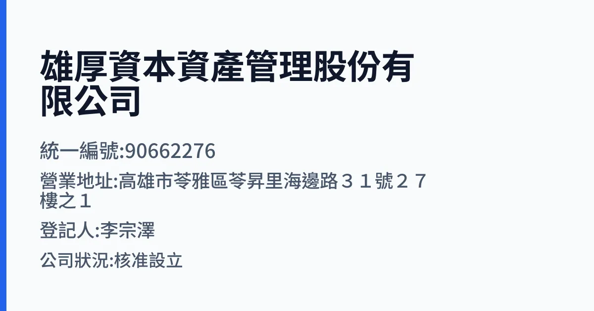 雄厚資本資產管理股份有限公司 - 統編 90662276(高雄市) 公司登記資料與營業項目詳細圖表