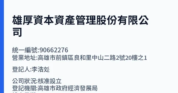 雄厚資本資產管理股份有限公司的照片-統編 90662276(高雄市) 公司登記資料與營業項目詳細圖表