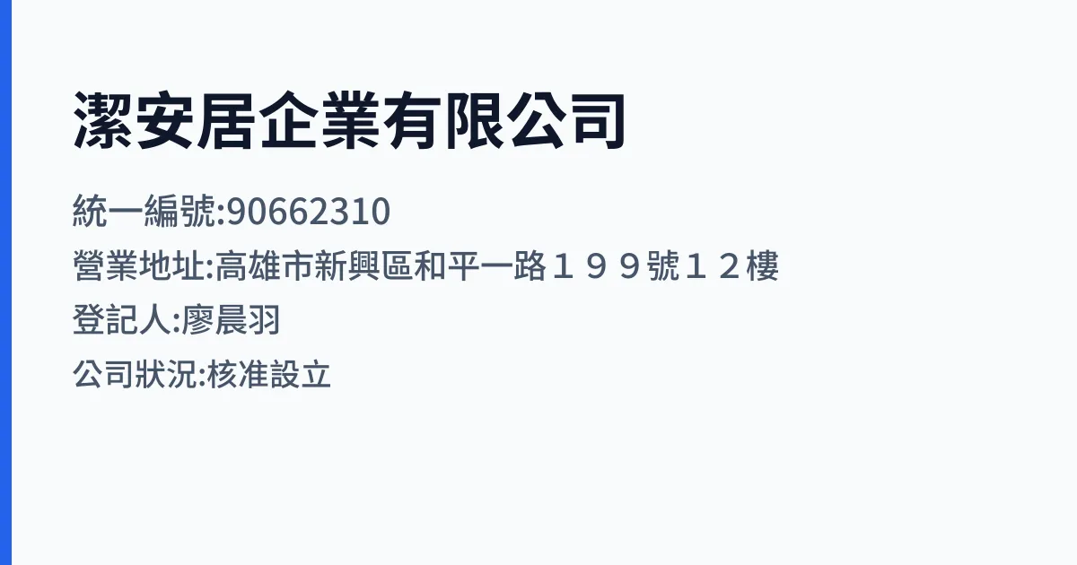潔安居企業有限公司 - 統編 90662310(高雄市) 公司登記資料與營業項目詳細圖表