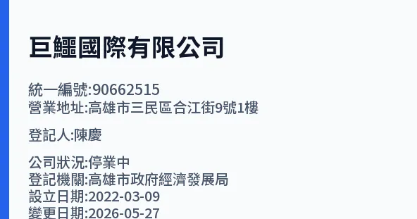 巨鱷國際有限公司的照片-統編 90662515(高雄市) 公司登記資料與營業項目詳細圖表