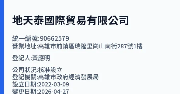 地天泰國際貿易有限公司的照片-統編 90662579(高雄市) 公司登記資料與營業項目詳細圖表