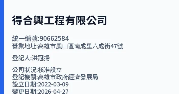 得合興工程有限公司的照片-統編 90662584(高雄市) 公司登記資料與營業項目詳細圖表
