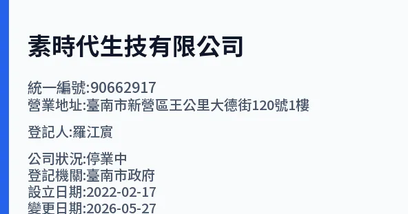 素時代生技有限公司的照片-統編 90662917(臺南市) 公司登記資料與營業項目詳細圖表