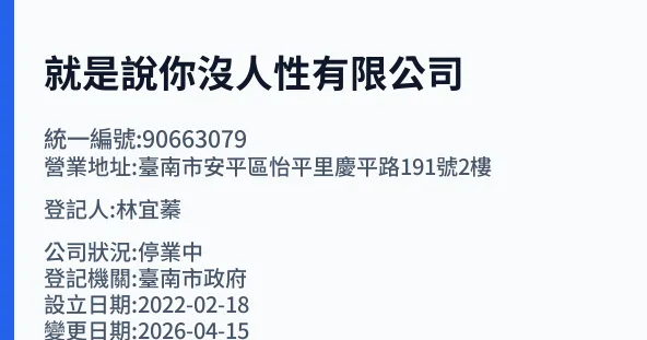 就是說你沒人性有限公司的照片-統編 90663079(臺南市) 公司登記資料與營業項目詳細圖表
