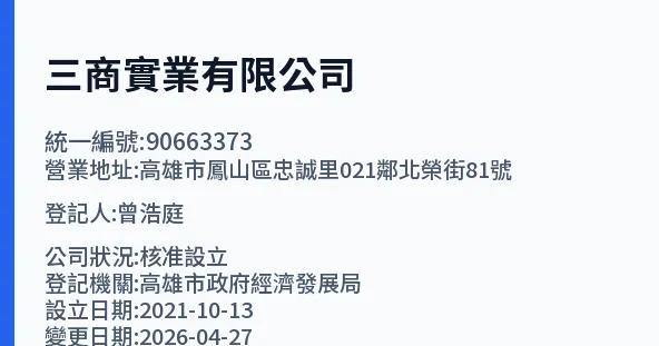 三商實業有限公司的照片-統編 90663373(高雄市) 公司登記資料與營業項目詳細圖表