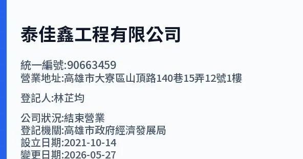 泰佳鑫工程有限公司的照片-統編 90663459(高雄市) 公司登記資料與營業項目詳細圖表