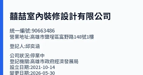 囍喆室內裝修設計有限公司的照片-統編 90663486(高雄市) 公司登記資料與營業項目詳細圖表
