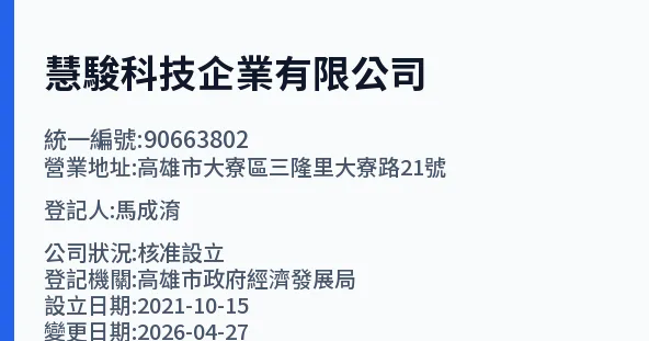 慧駿科技企業有限公司的照片-統編 90663802(高雄市) 公司登記資料與營業項目詳細圖表