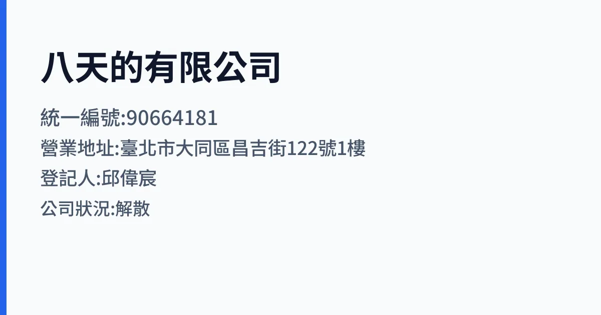 八天的有限公司 - 統編 90664181(臺北市) 公司登記資料與營業項目詳細圖表