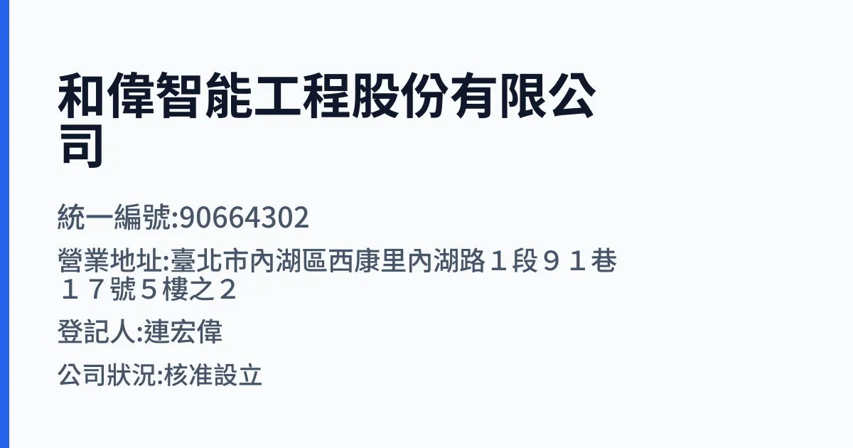 和偉智能工程股份有限公司 - 統編 90664302(臺北市) 公司登記資料與營業項目詳細圖表