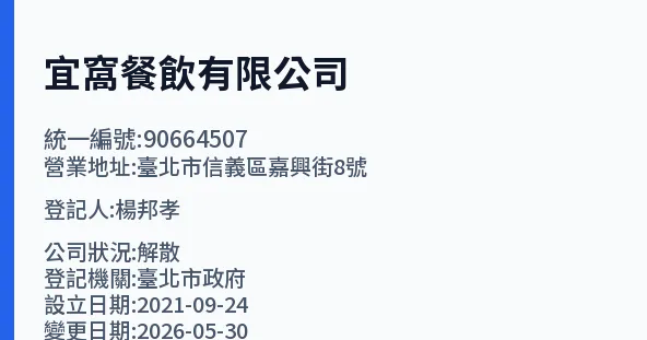 宜窩餐飲有限公司的照片-統編 90664507(臺北市) 公司登記資料與營業項目詳細圖表